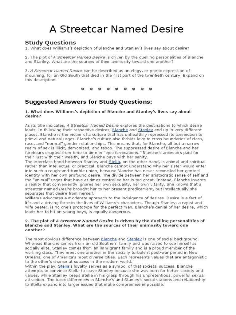 A Streetcar Named Desire - Study Questions | PDF