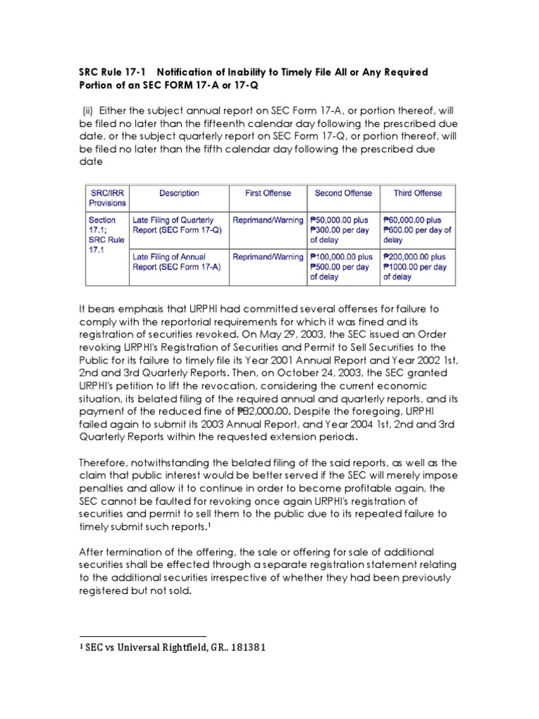 SRC Rule 17-1 Notification of Inability To Timely File All or Any ...