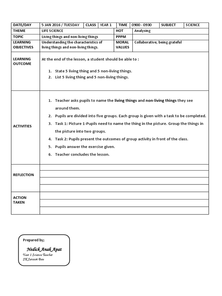 Year 1 Science Lesson Plan: Living vs Non-Living | PDF | Science ...