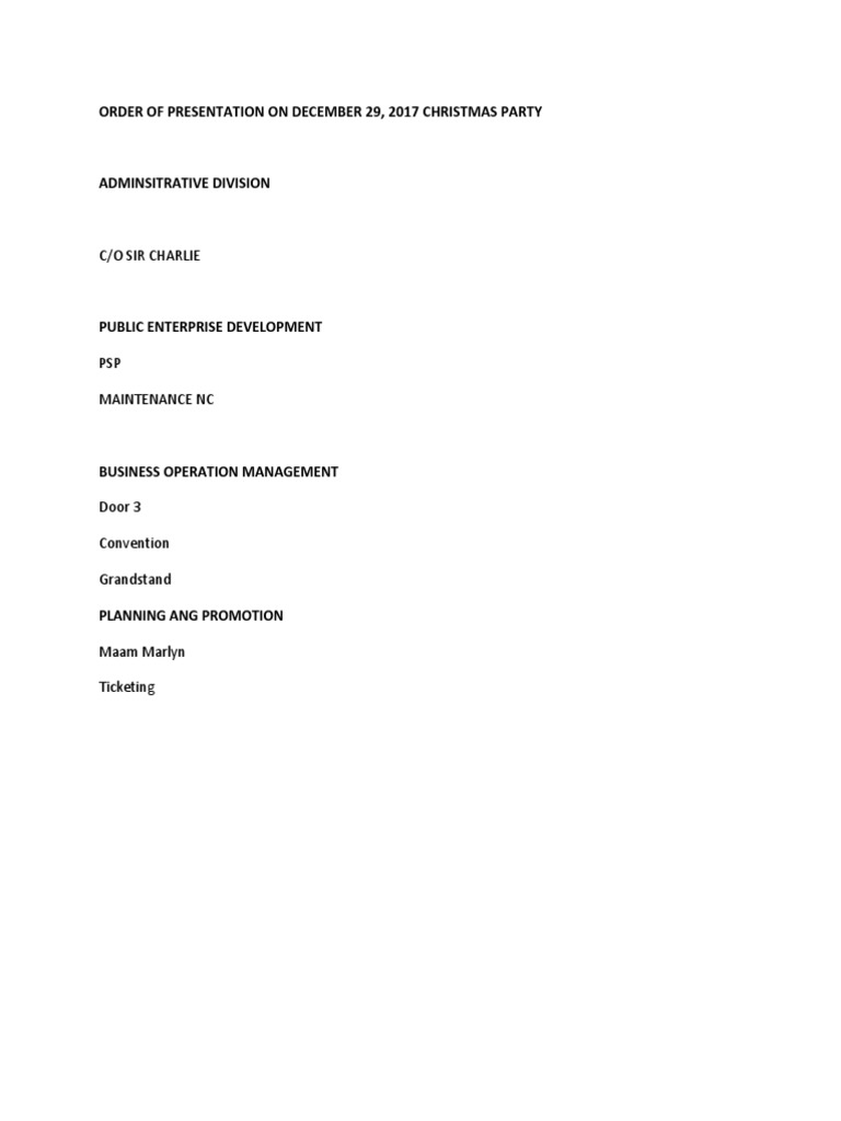 Order of Presentation On December 29 | PDF