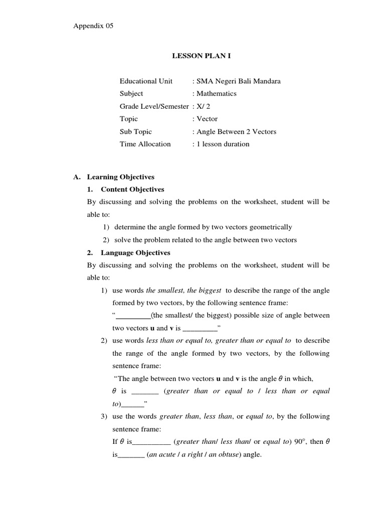Appendix 05-06 Lesson Plan 1 - Angle Between 2 Vectors | PDF | Angle ...