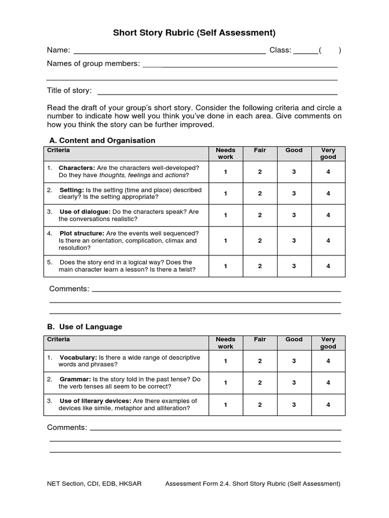 Short Story Self-Assessment Rubric | PDF | Rubric (Academic) | Learning