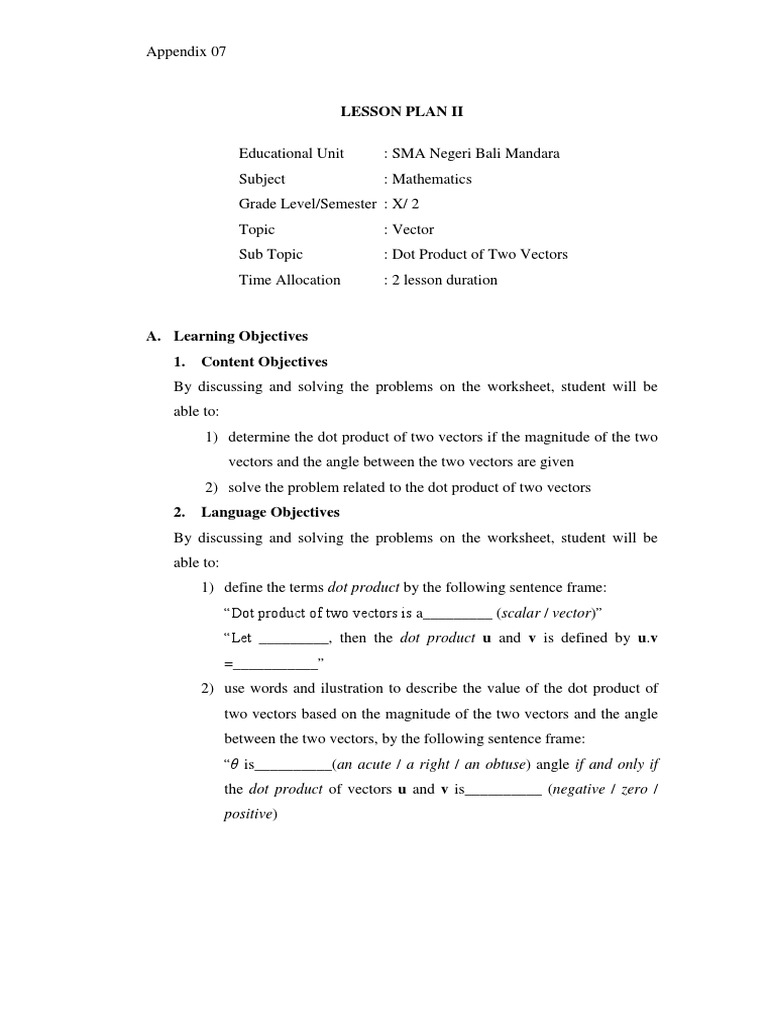 Appendix 07-08 Lesson Plan 2 - Dot Product Rev | Download Free PDF ...