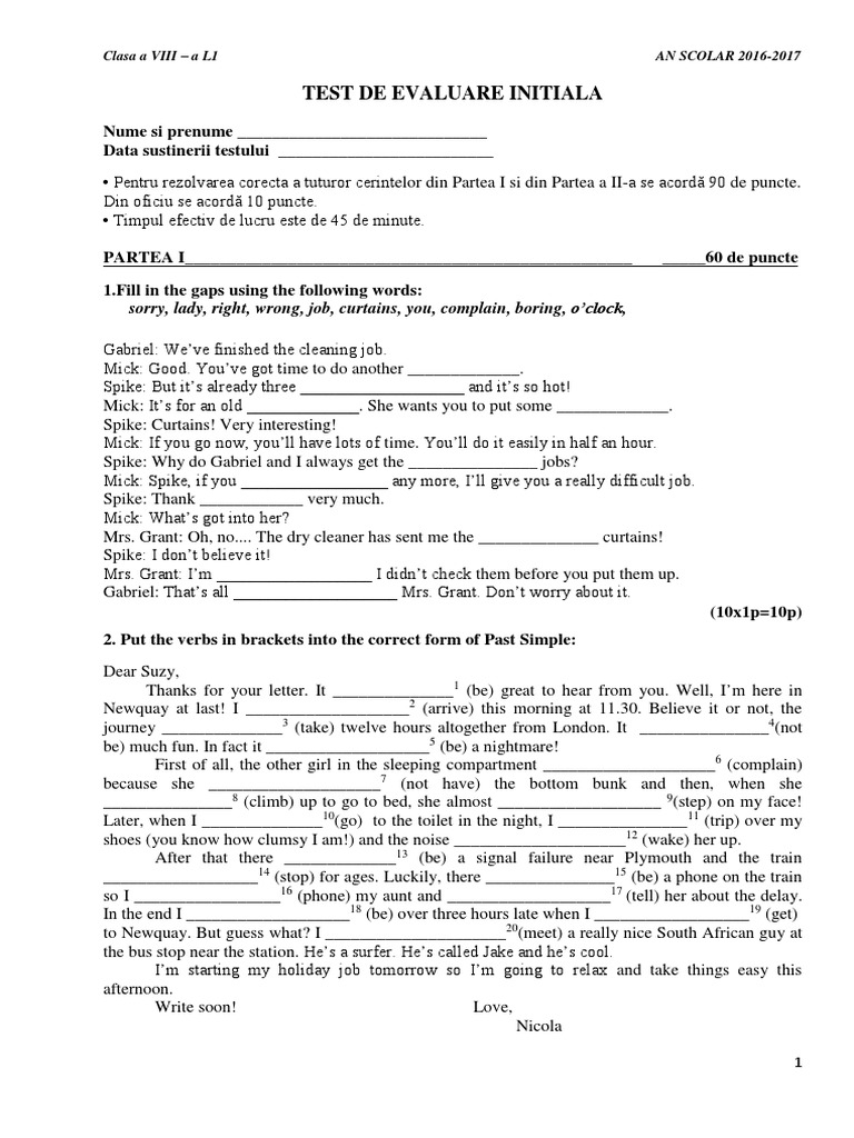 8.test Initial CL A VIII A Sept 2015 | PDF | Teaching Methods & Materials