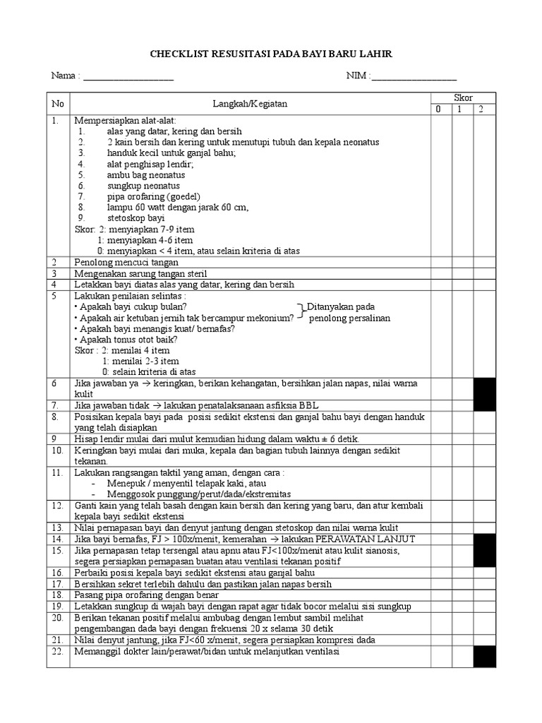 RESUSITASI BAYI BARU LAHIR: CHECKLIST DAN PROSEDUR | PDF