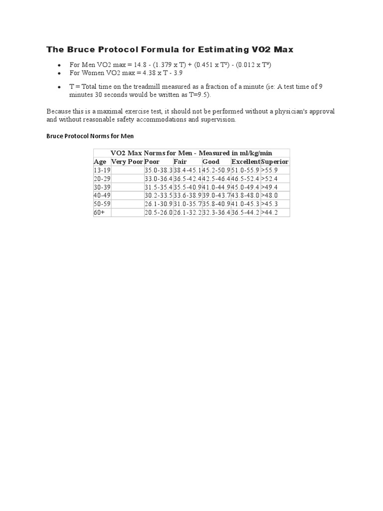 The Bruce Protocol Formula For Estimating VO2 Max | PDF