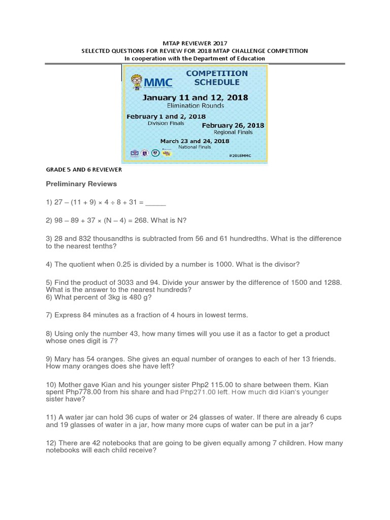 Mtap Reviewer 2018 - Grade 6 Reviewer | PDF | Area | Triangle