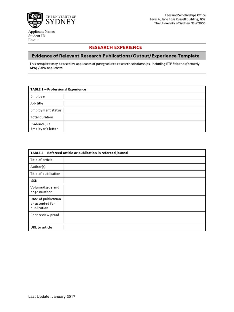 Research Experience Template for Scholarships | PDF
