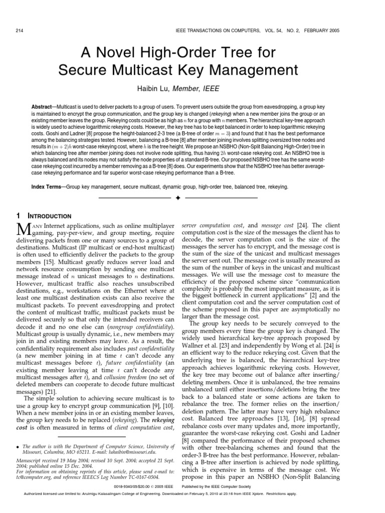 A Novel High-Order Tree For Secure Multicast Key Management: Haibin Lu, Member, IEEE | PDF ...