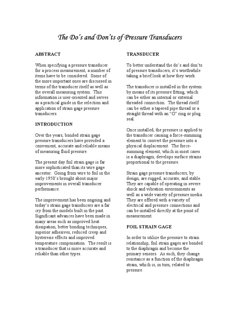 The Dos and Donts of Pressure Transducers Dynisco | PDF | Electrical ...