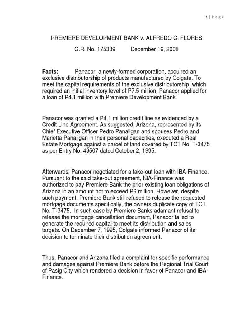 Premiere Development Bank V Flores | PDF | Judgment (Law) | Mortgage Loan