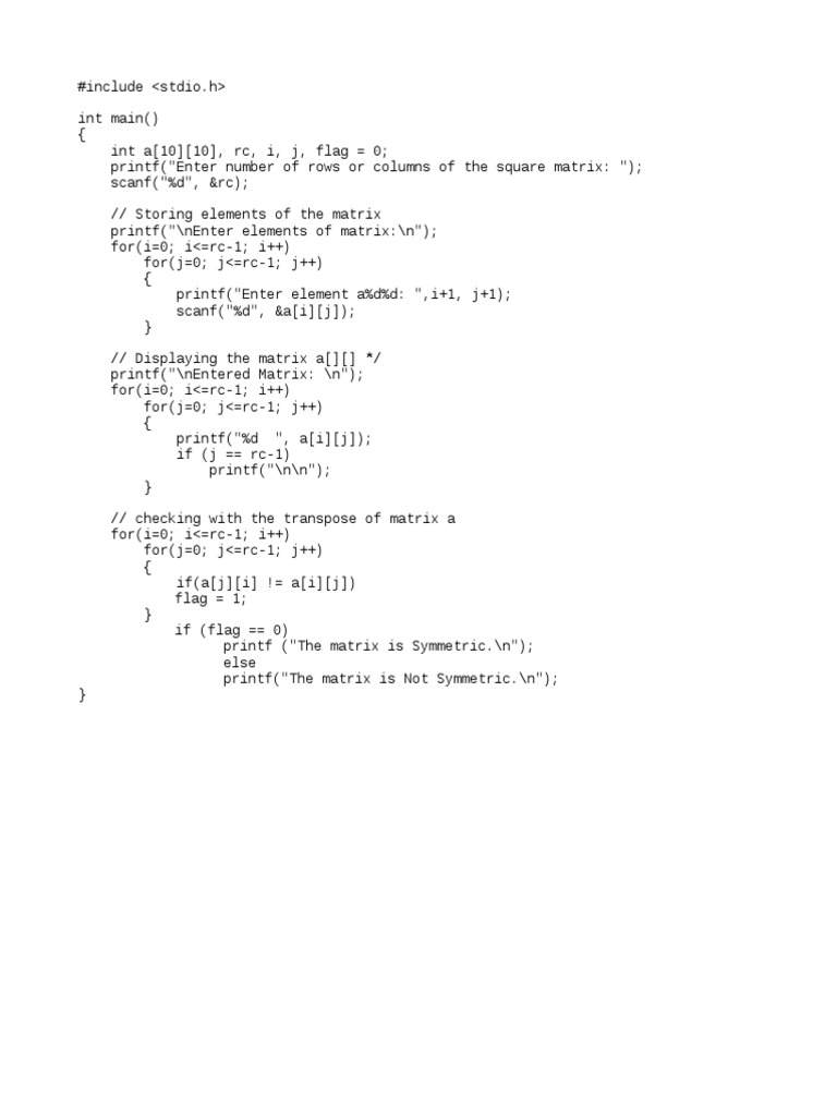 WAP To Check If A Given Matrix Is Symmetric or Not | PDF | Matrix ...