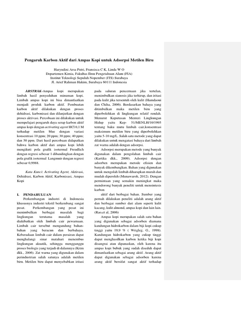 Pengaruh Karbon Aktif Dari Ampas Kopi Untuk Adsorpsi Metilen Biru | PDF