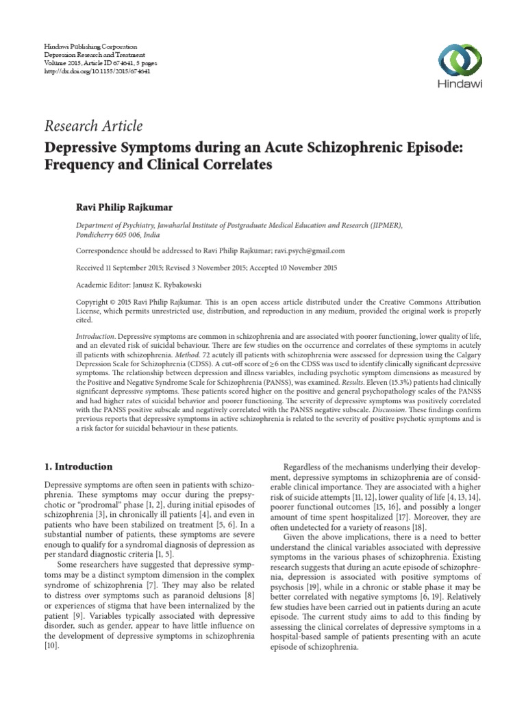Research Article: Depressive Symptoms During An Acute Schizophrenic ...