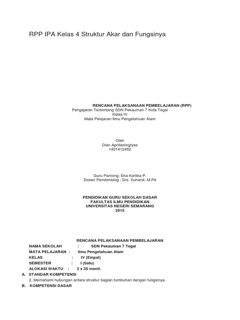 RPP IPA Kelas 4: Struktur Akar | PDF | Seni & Disiplin Bahasa | Sains & Matematika