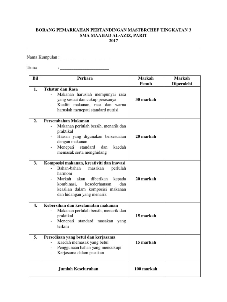 Borang Pertandingan Masak | PDF