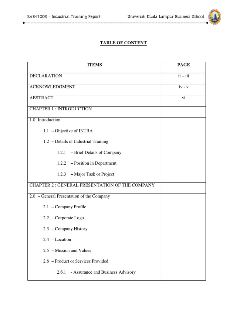 Sample Table of Content - Internship BIA | PDF | Audit | Business