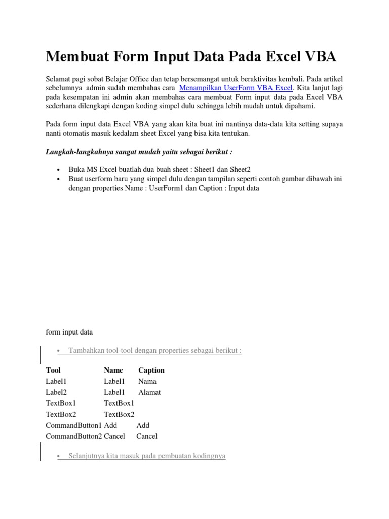 Membuat Form Input Data Pada Excel VBA | PDF