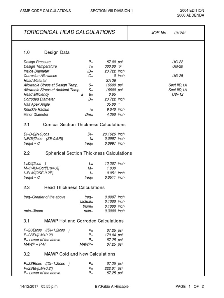Toriconical Head Design Calculations | PDF | Building Engineering ...