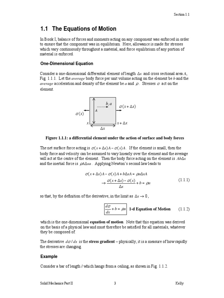 1.1 The Equations of Motion: One-Dimensional Equation | PDF | Stress ...
