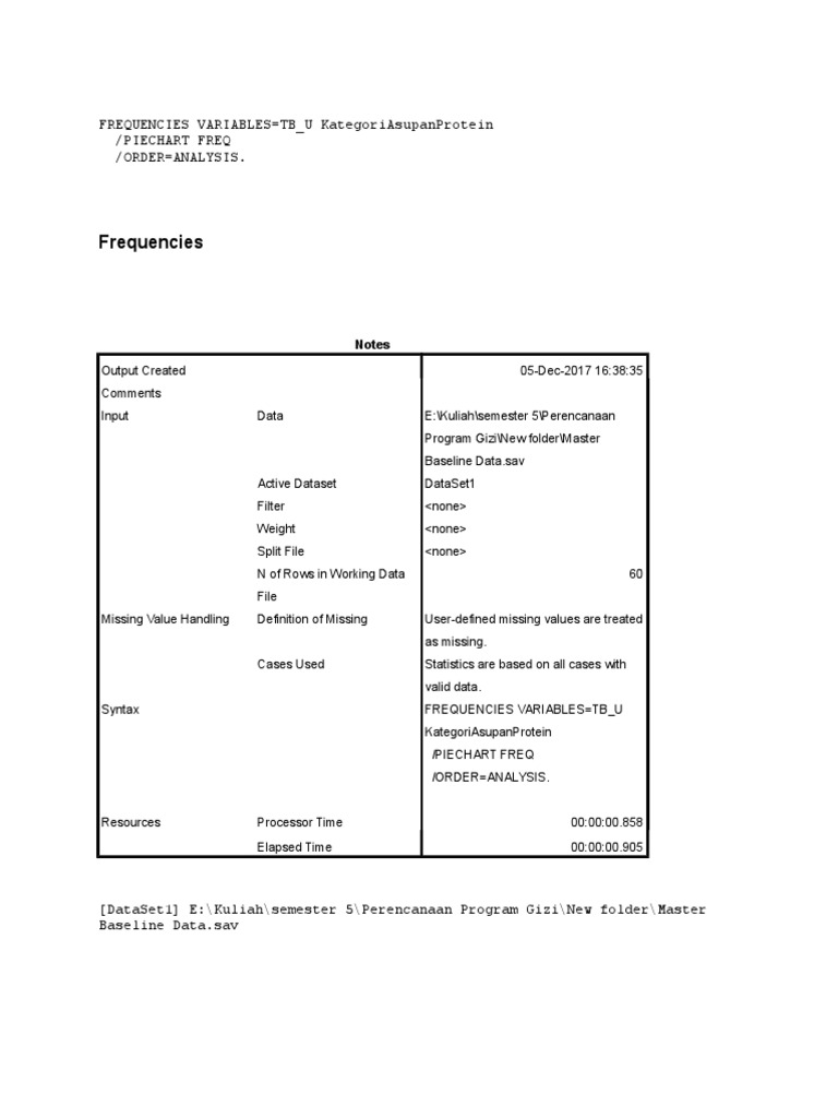 Frequencies: Frequencies Variables TB - U Kategoriasupanprotein /piechart Freq /order Analysis ...
