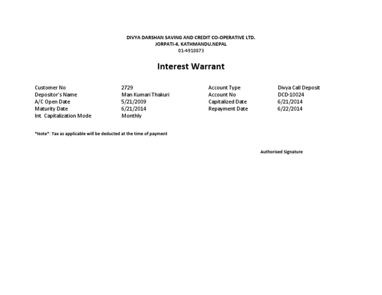Interest Warrant: Divya Darshan Saving and Credit Co-Operative Ltd ...