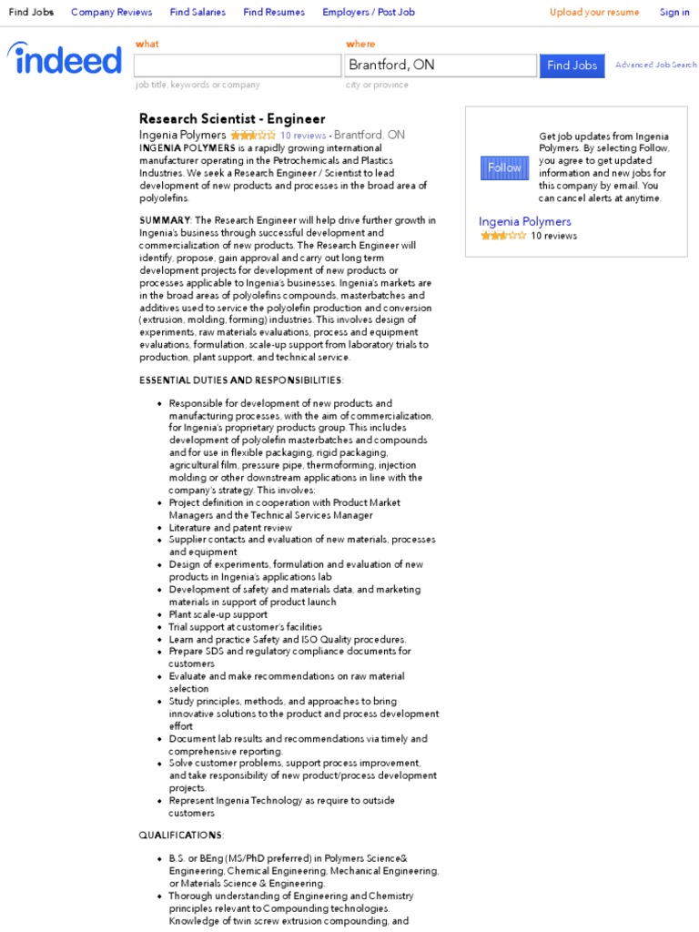 Research Scientist - Engineer Job - Ingenia Polymers - Brantford, ON ...