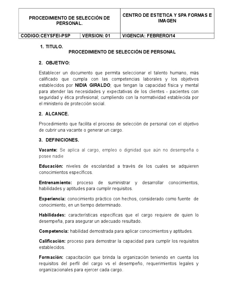 Procedimiento de Seleccion de Personal | PDF | Gestión de recursos humanos | Reclutamiento