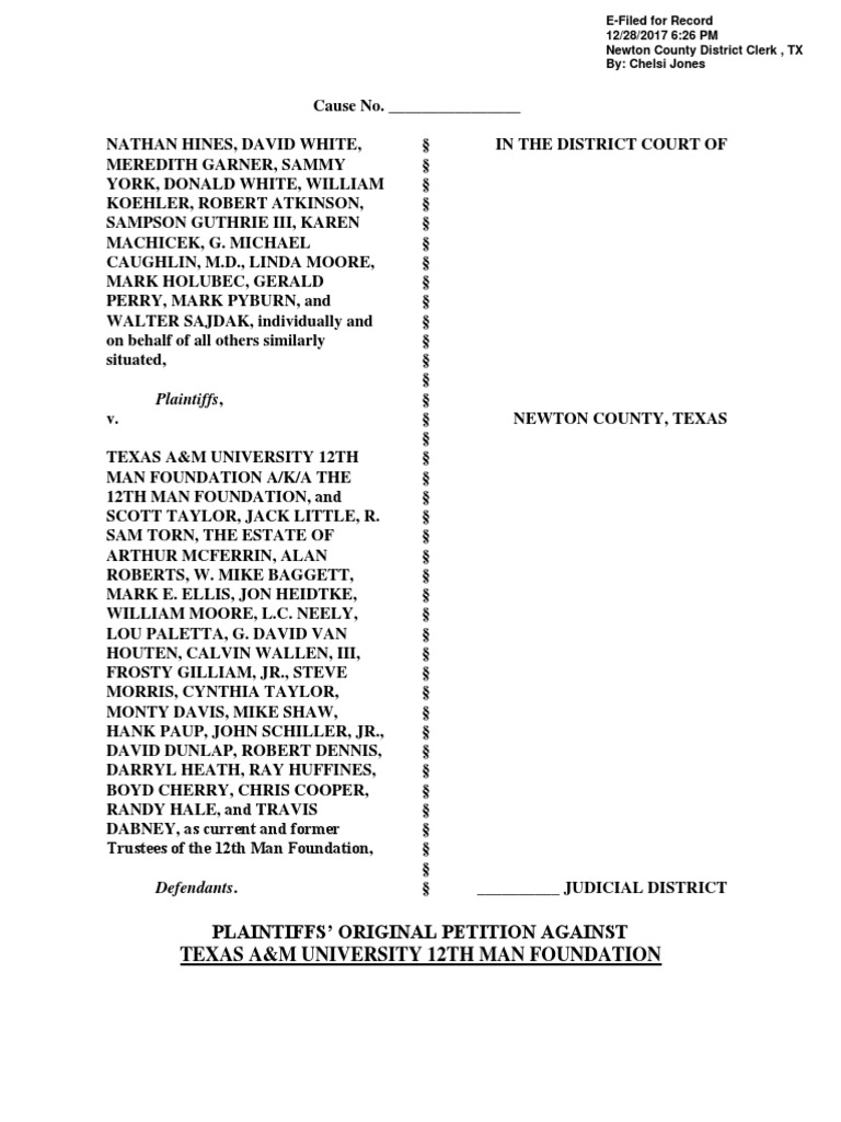 Plaintiffs' Original Petition - FILED PDF | PDF | Financial Endowment | Fundraising