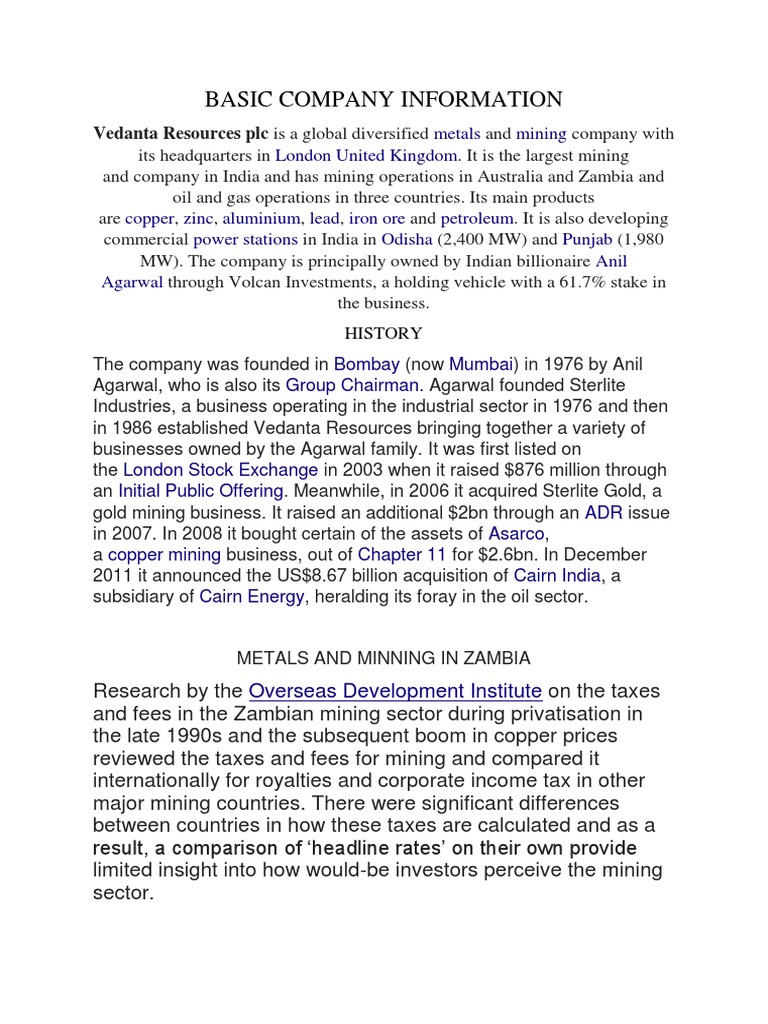 Basic Company Information: Vedanta Resources PLC Is A Global ...