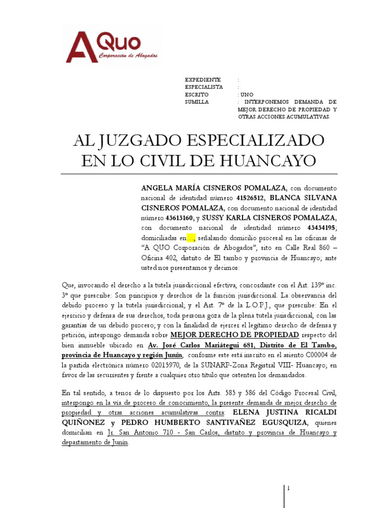 Demanda Mejor Derecho de Propiedad | PDF | Propiedad | Posesión (Ley) Demanda Mejor Derecho de Propiedad | PDF | Propiedad | Posesión (Ley)
