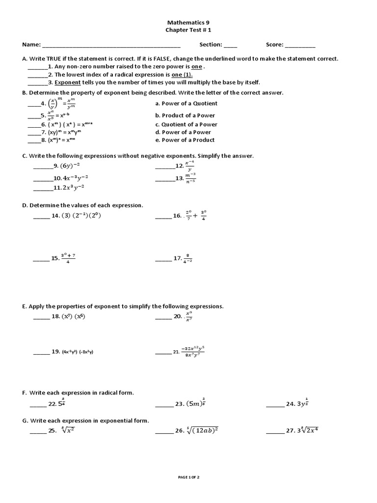 12 Chapter Test (Exponent and Radical) | PDF | Exponentiation | Rectangle