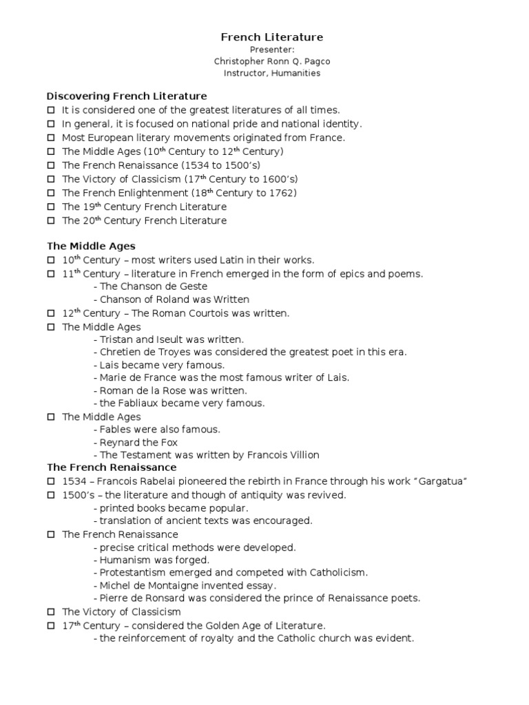 Notes On French Literature | PDF | Romanticism | Classicism