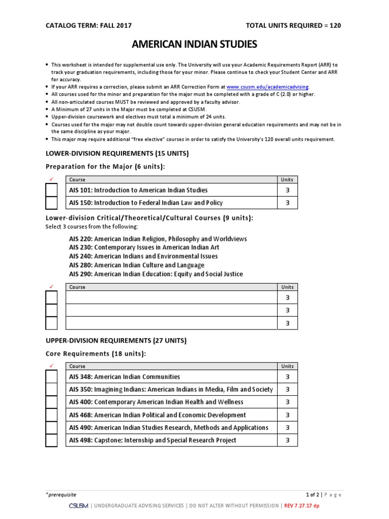 American Indian Studies: Catalog Term: Fall 2017 Total Units Required ...