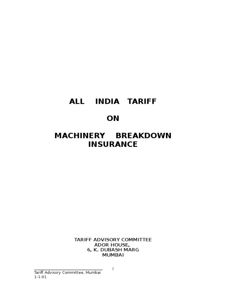 Machinery Breakdown Insurance Tariff | PDF | Indemnity | Insurance