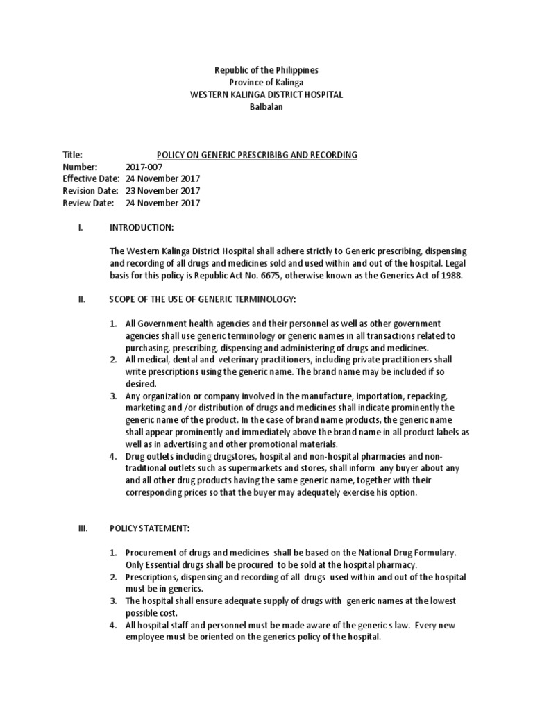 Policy on Generic Prescribing at Western Kalinga District Hospital ...