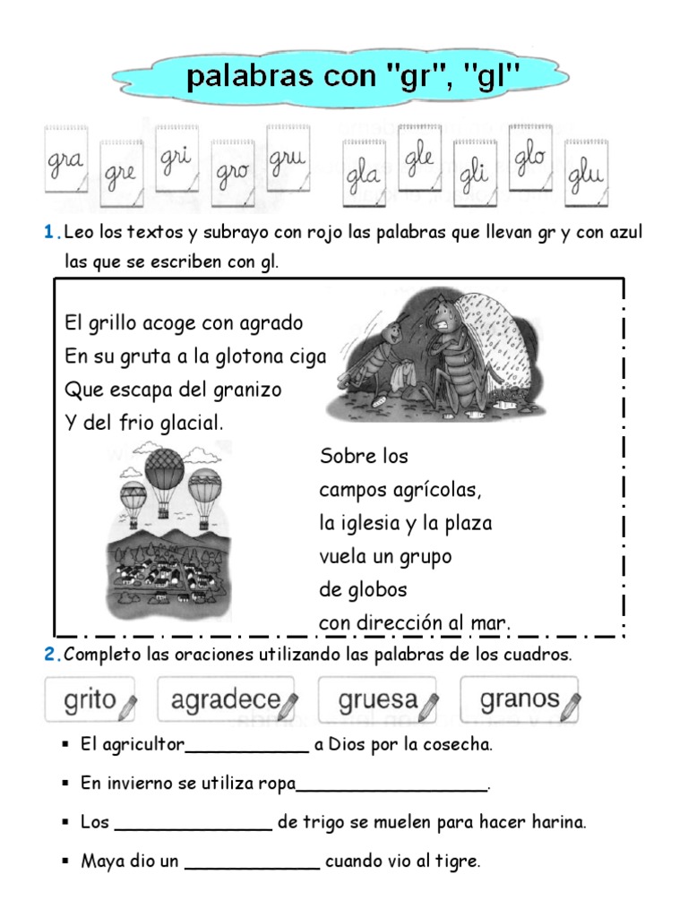 Actividades de oraciones con gr y gl | PDF