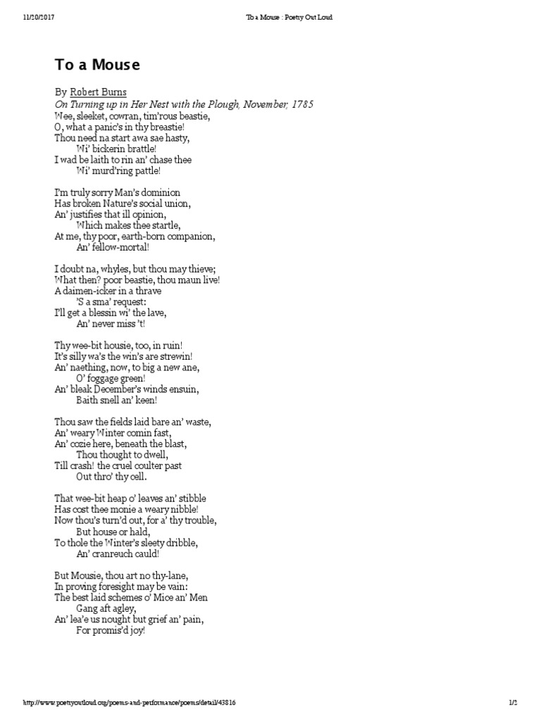 To A Mouse: On Turning Up in Her Nest With The Plough, November, 1785 ...