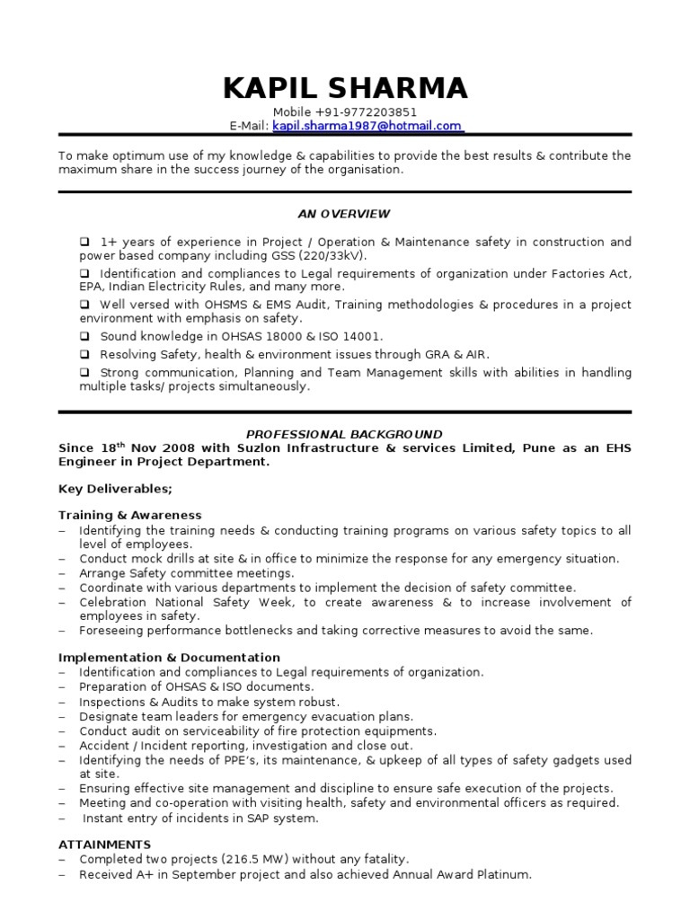 Cv Ehs Kapil Sharma Pdf Business