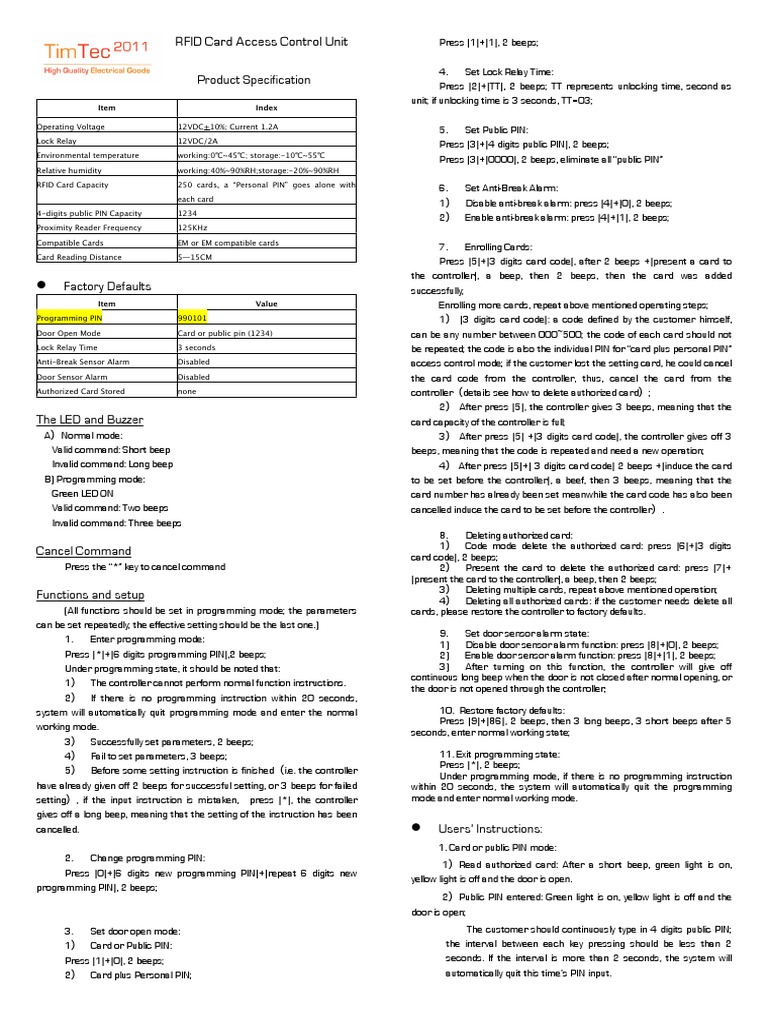 RFID Card Access Control System Manual - TimTec | PDF | Access Control ...