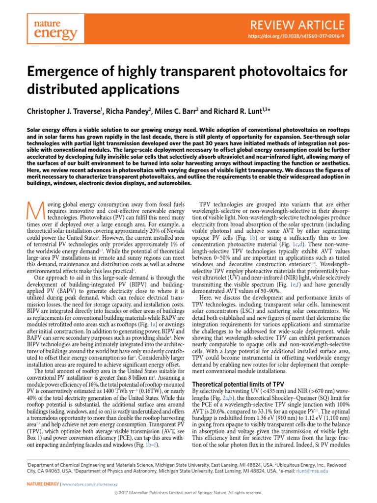 Emergence of Highly Transparent Photovoltaics For Distributed ...