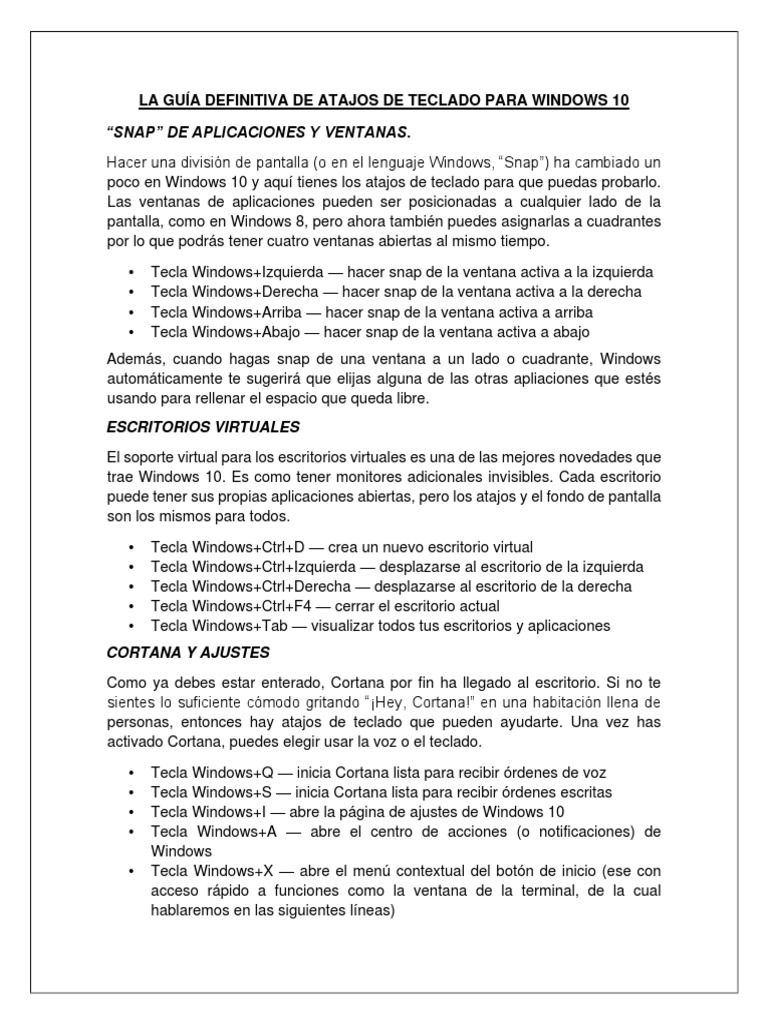 La Guía Definitiva de Atajos de Teclado para Windows 10 | PDF | Ventana (informática) | Windows 10