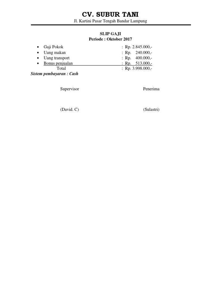 Slip Gaji Karyawan CV. Subur Tani | PDF