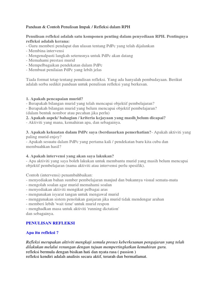 Panduan And Contoh Penulisan Impak Refleksi Dalam Rph Pdf