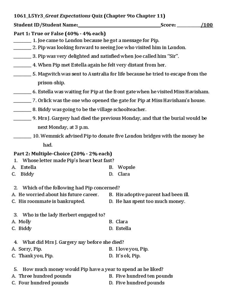 1061 - L5Yr3 - Great Expectations Quiz (Chapter 9to Chapter 11) Student ...