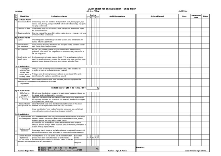 Audit Sheet For 5S Evaluation - Shop Floor: 1S2S3S Score (1S + 2S + 3S ...