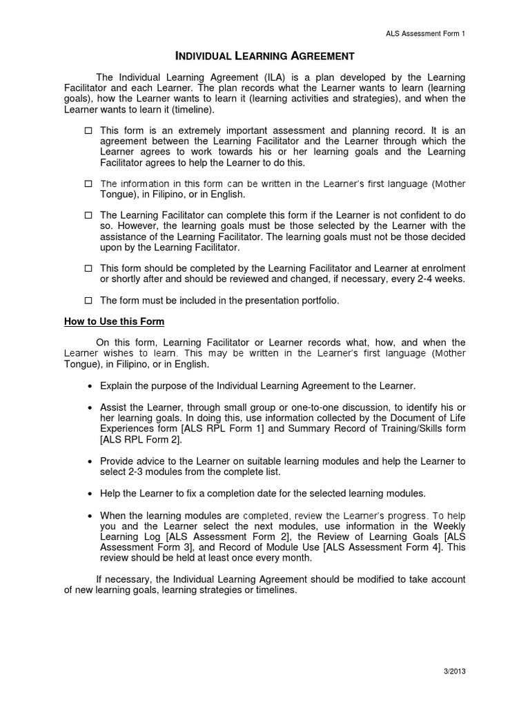ALS Assessment Form1 - ILA 2013 | PDF | Educational Assessment | Learning