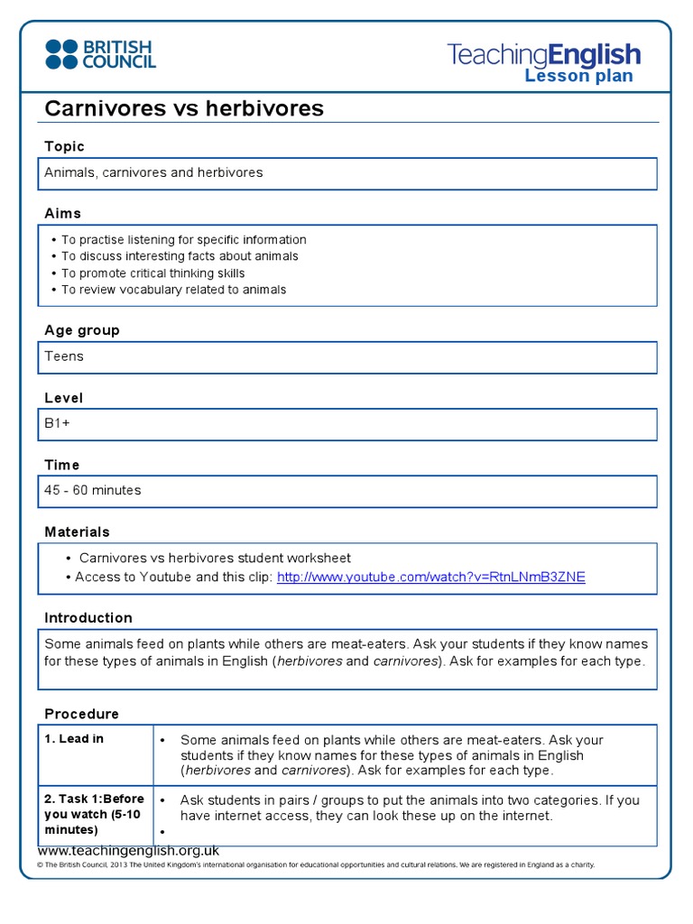Carnivores Vs Herbivores Lesson Plan | PDF | Predation | Herbivore