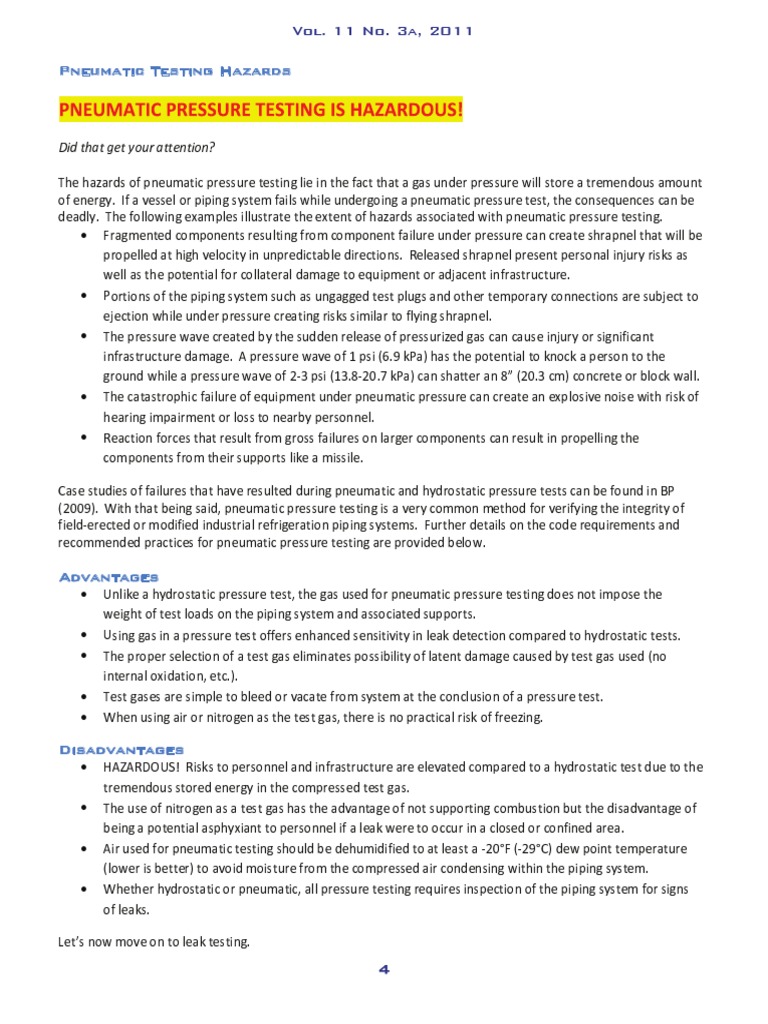 Pneumatic Testing Hazards: Vol. 11 No. 3a, 2011 | PDF | Home & Garden