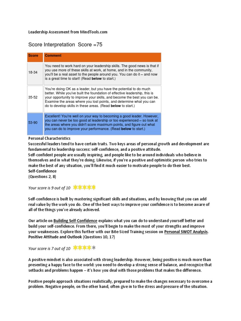 Leadership Assessment From Mindtools | PDF | Leadership | Emotional ...